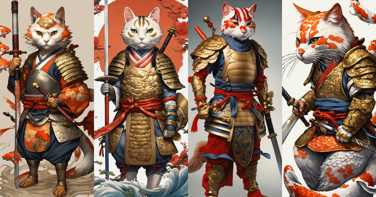 Lexica - There is a cat with a big carp koi and a sword on a white ...