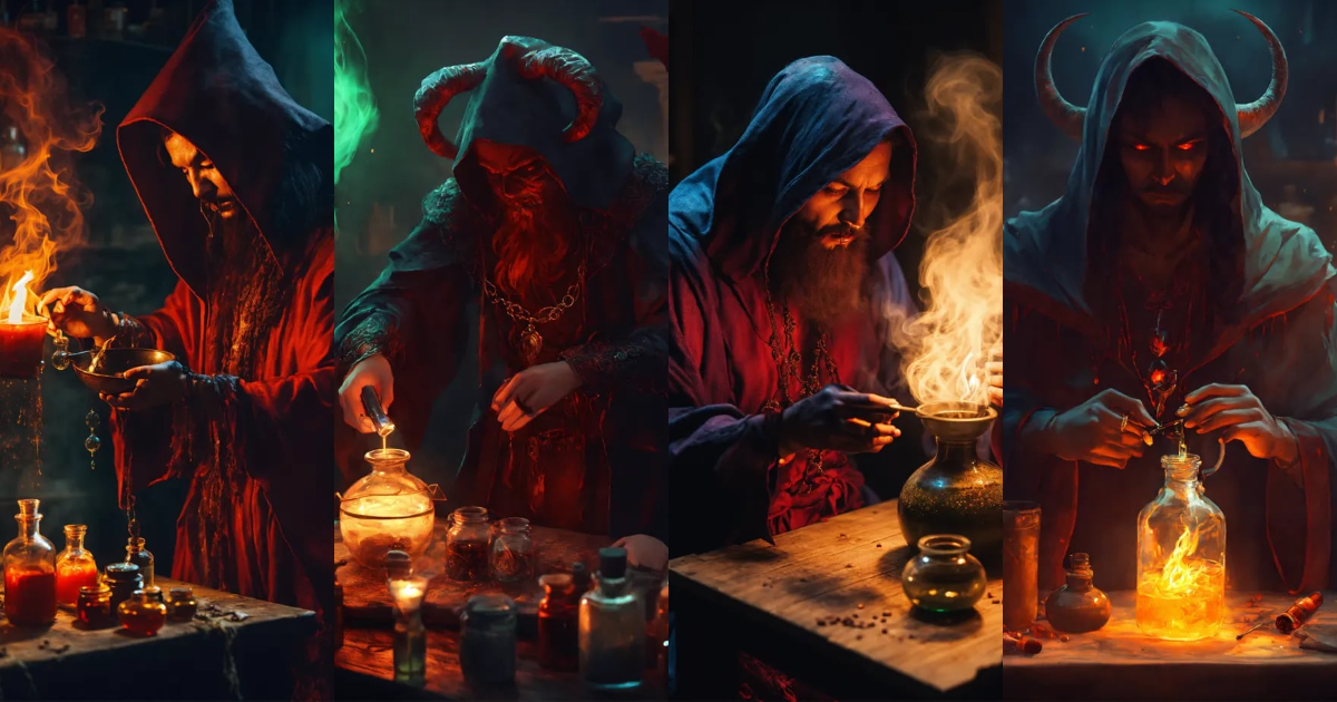 Lexica - A demon sorcerer making healing potions. Evil vibes. Creepy ...