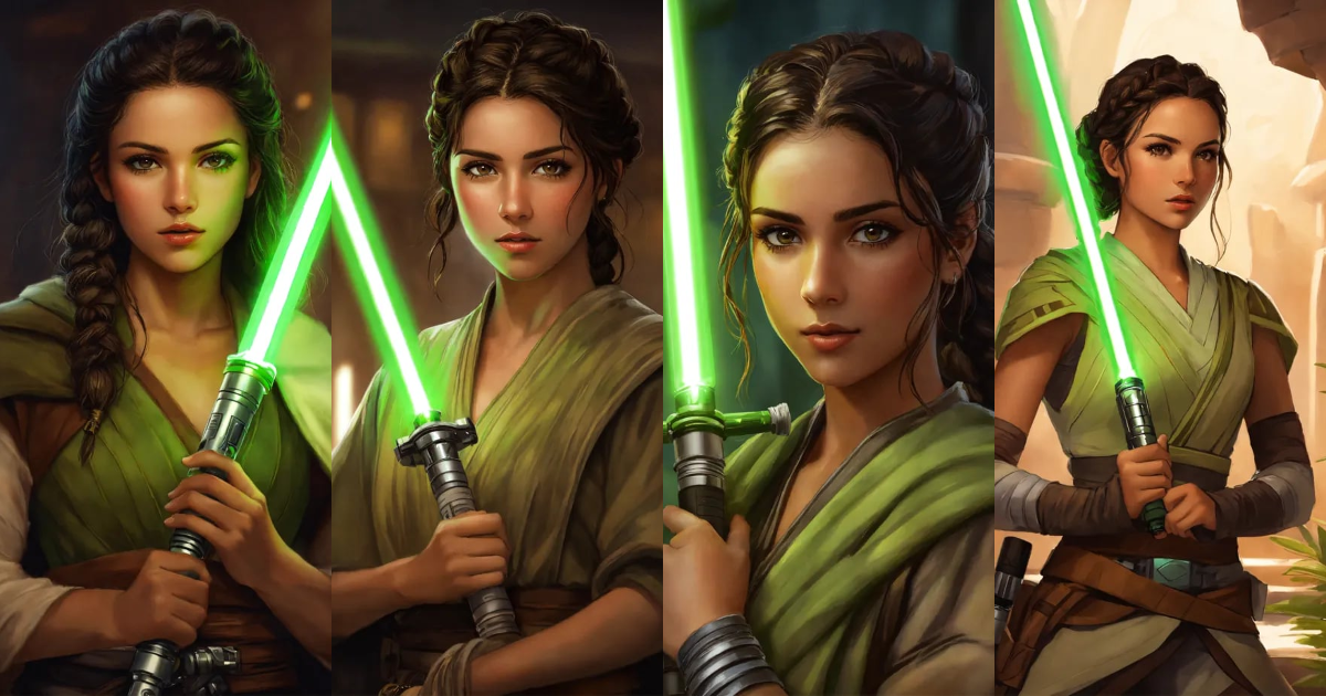 Lexica - Victoria Moroles, Young woman, jedi knight, holding two green ...