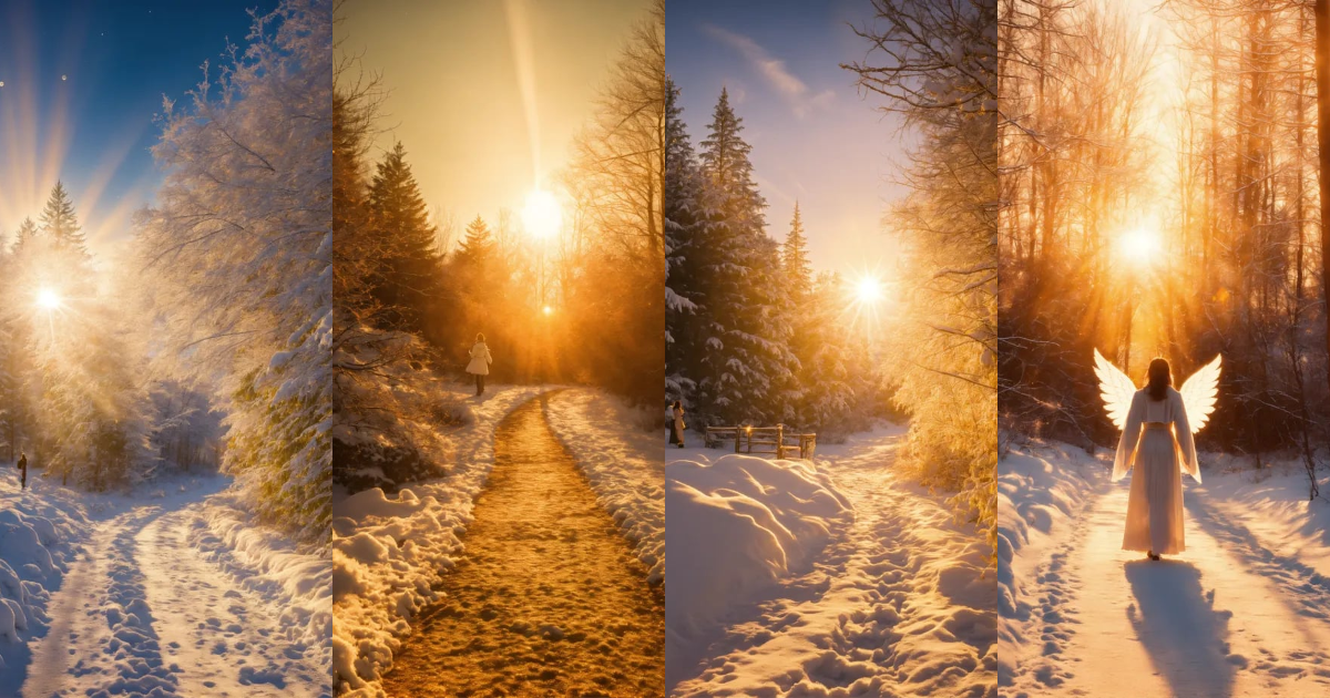 Lexica - An angel goes in the sun towards the sun on a path into the future in winter, celestial ...