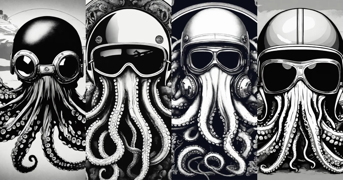 Lexica - T-shirt design of "MONTABEACH" octopus with motorcycle helmet ...