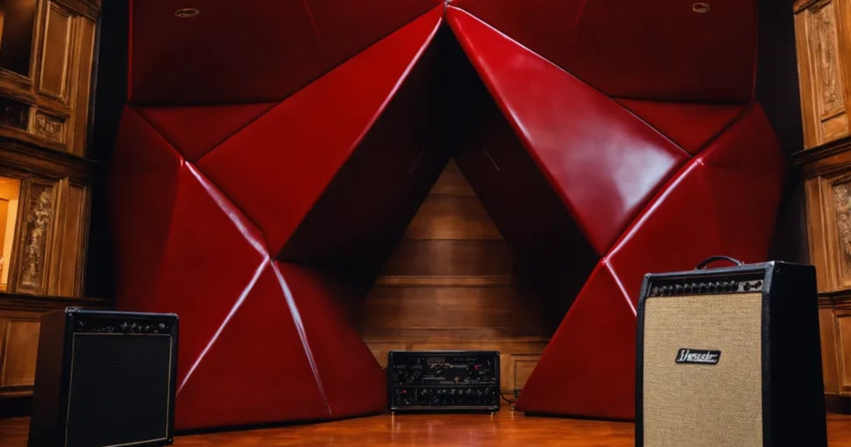 Lexica - A gigantic triangular shaped red leather guitar amplifier.