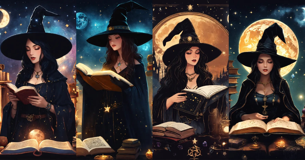 Lexica - Mysterious witch wearing a black hat and cloak, reading a ...