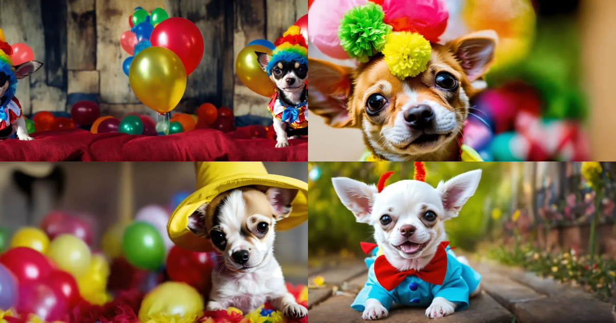 Lexica - A very cute and sweet baby Chihuahua puppy dressed as a clown ...