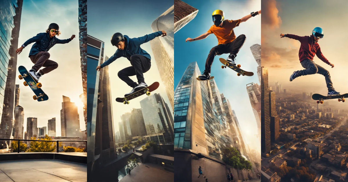 Lexica - Skateboarder jumping over a skyscraper in a futuristic cityscape