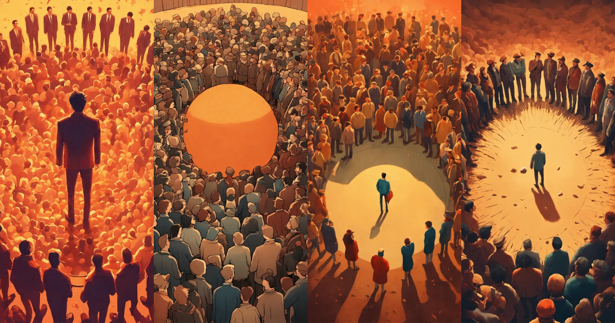 Lexica - A lone person getting surrounded by an angry mob of people in ...