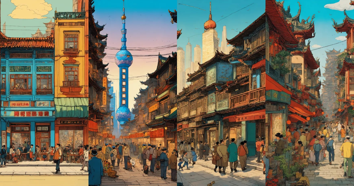Lexica - Detailed, vibrant illustration of old Shanghai buildings, by ...