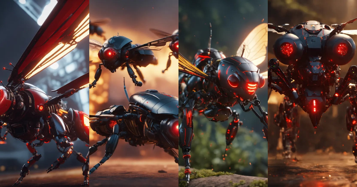 Lexica - Flying black angry robotic hornets with red eyes and detailed ...