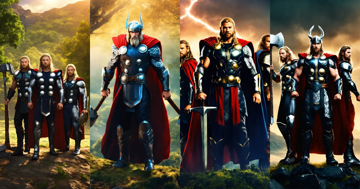 Lexica - 3 Thor standing together, nature background, 2D render