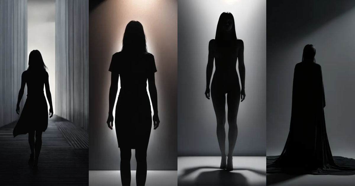 Lexica - Shadow figure woman emerging from the darkness, black and grey ...