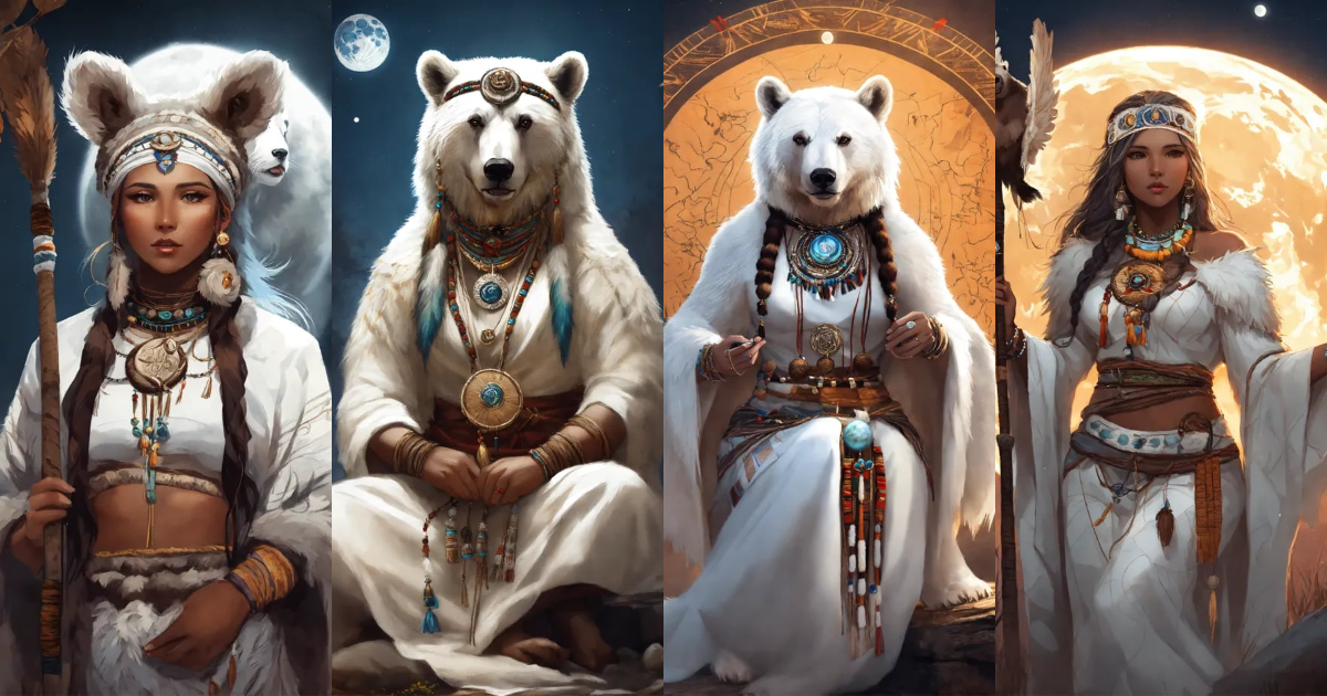 Lexica - White grizzly bear witch doctor, female, animal, weaving ...