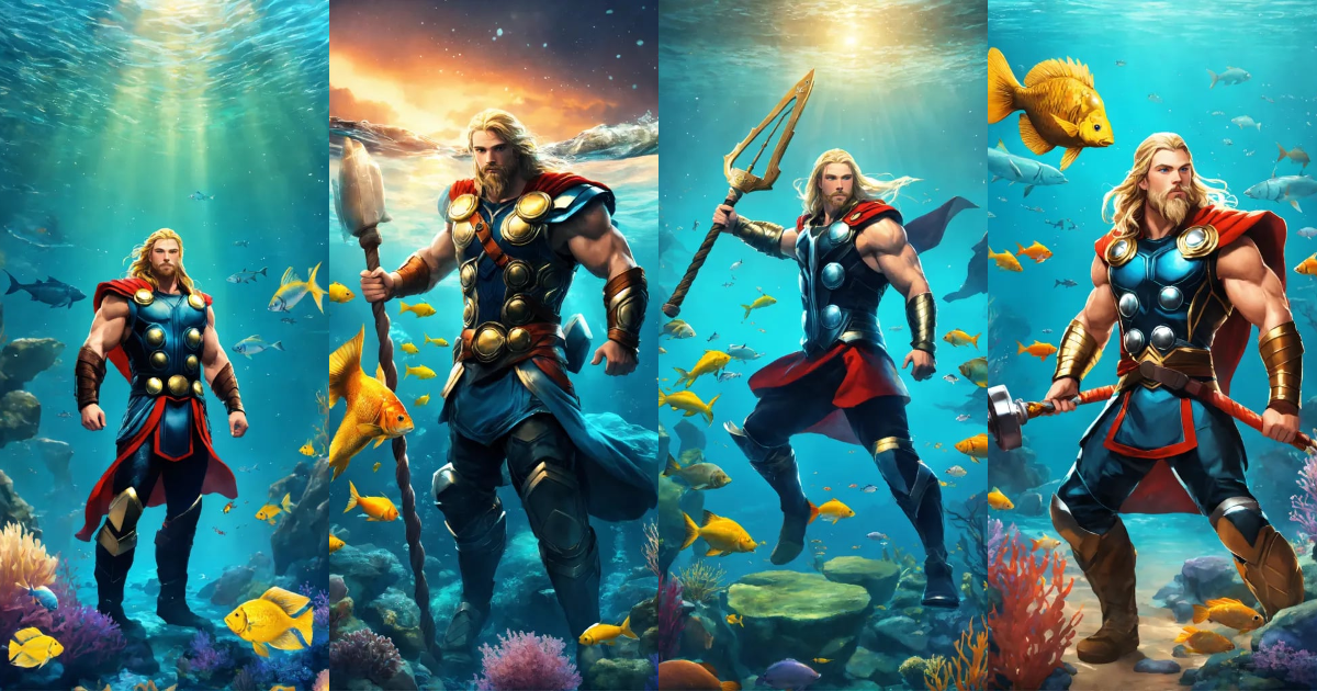 Lexica - Thor with fish underwater in the ocean, nature background, 2D ...