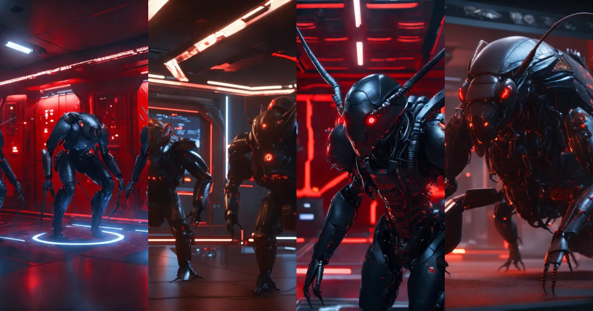 Lexica - 3 black cockroach faced humanoids with red eyes and detailed ...