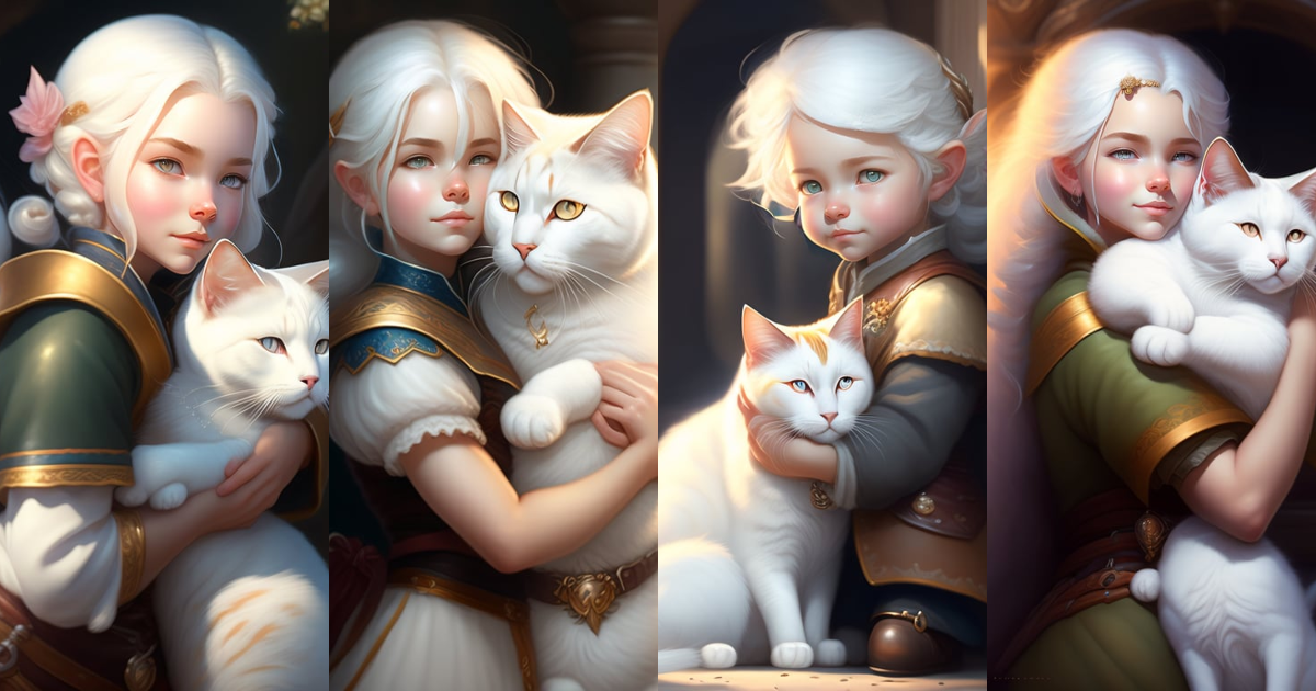 Lexica - A detailed portrait of a cute calm white hair girl hugging a ...