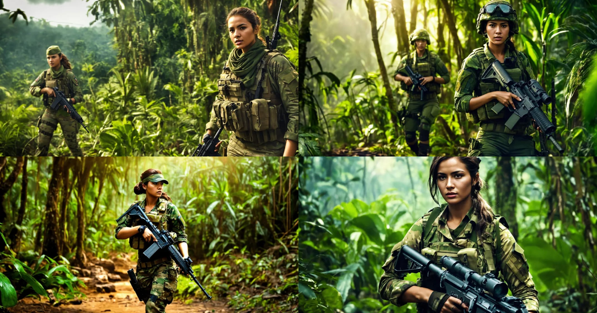 Lexica - Female commandos in jungle, perfect face, full camouflage, HDR ...