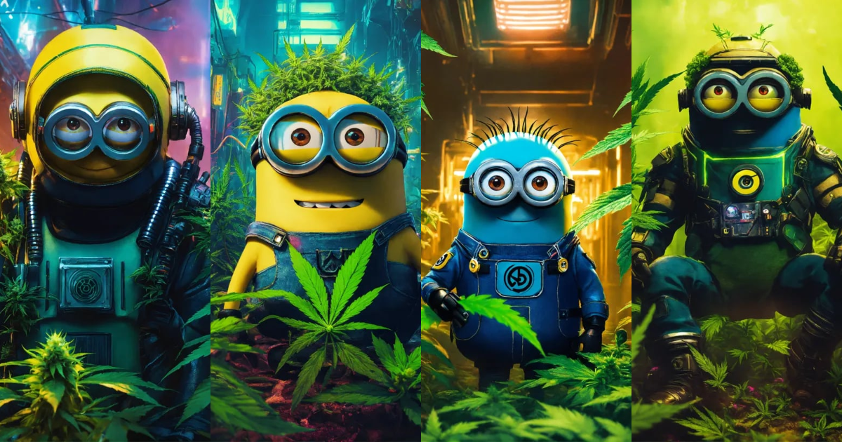 Lexica - Cyberpunk poster of minion surrounded by cannabis plants