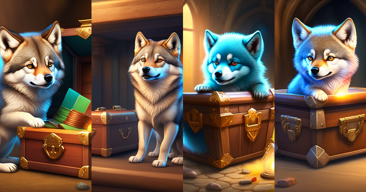 Lexica - Cute wolf cub monster guarding treasure chest, medieval background