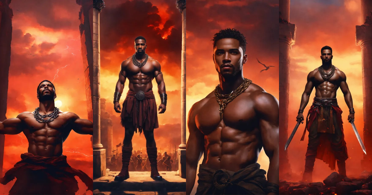 Lexica - Strong handsome African god prisoner, captive bound god, front ...
