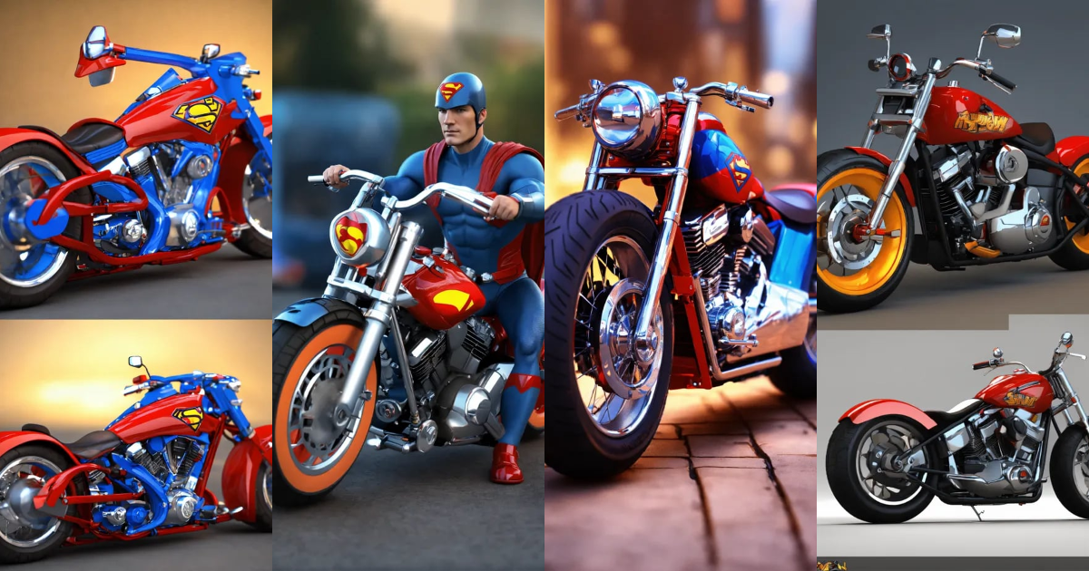 Lexica - Superman design Harley motorbike, render oktan,3D,caricature