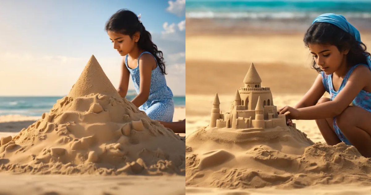 Lexica - Saudi girl, building sand castle, close up, beach, photo ...