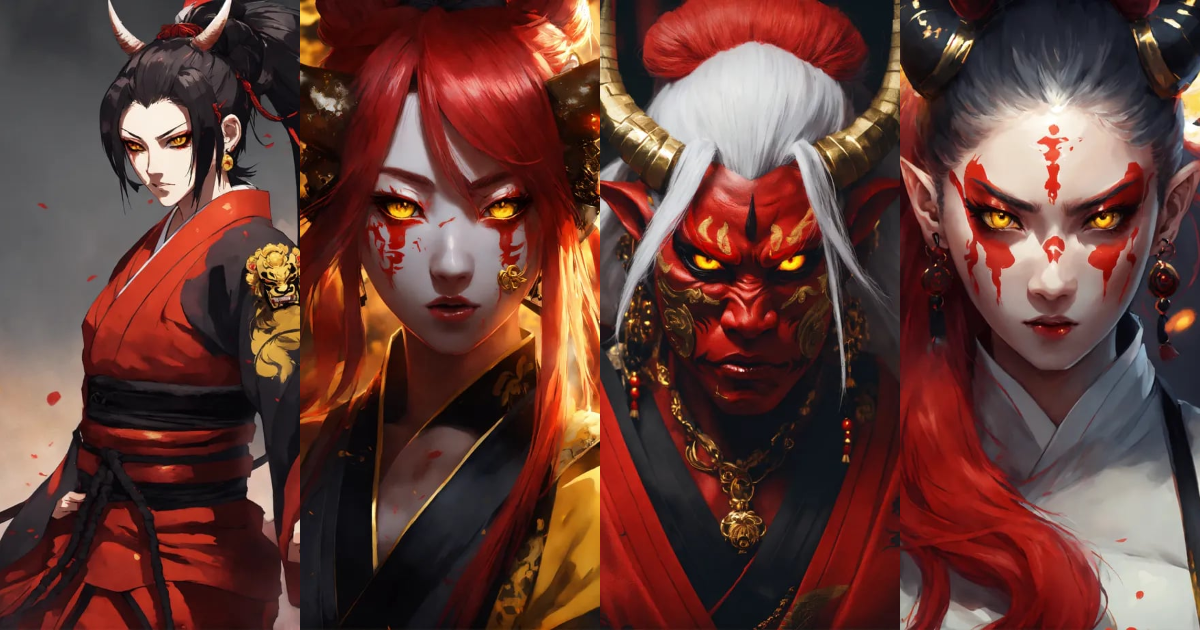 Lexica - A japanese red oni, white ponytail, yellow eyes with black ...