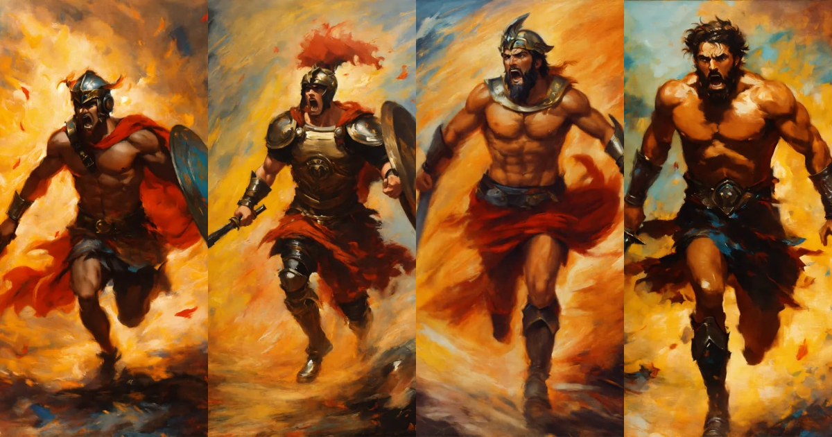 Lexica - Ares running away in fear, horrified expression, impressionist ...