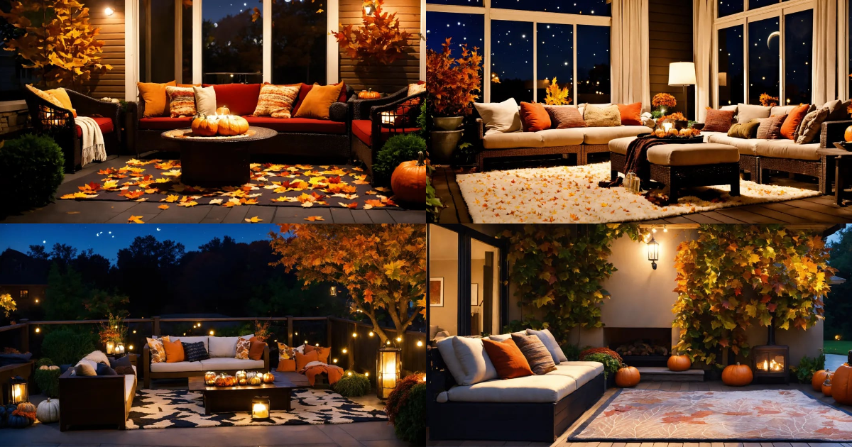 Lexica - Fall living room, outdoor patio, dark floors, big fuzzy rug ...