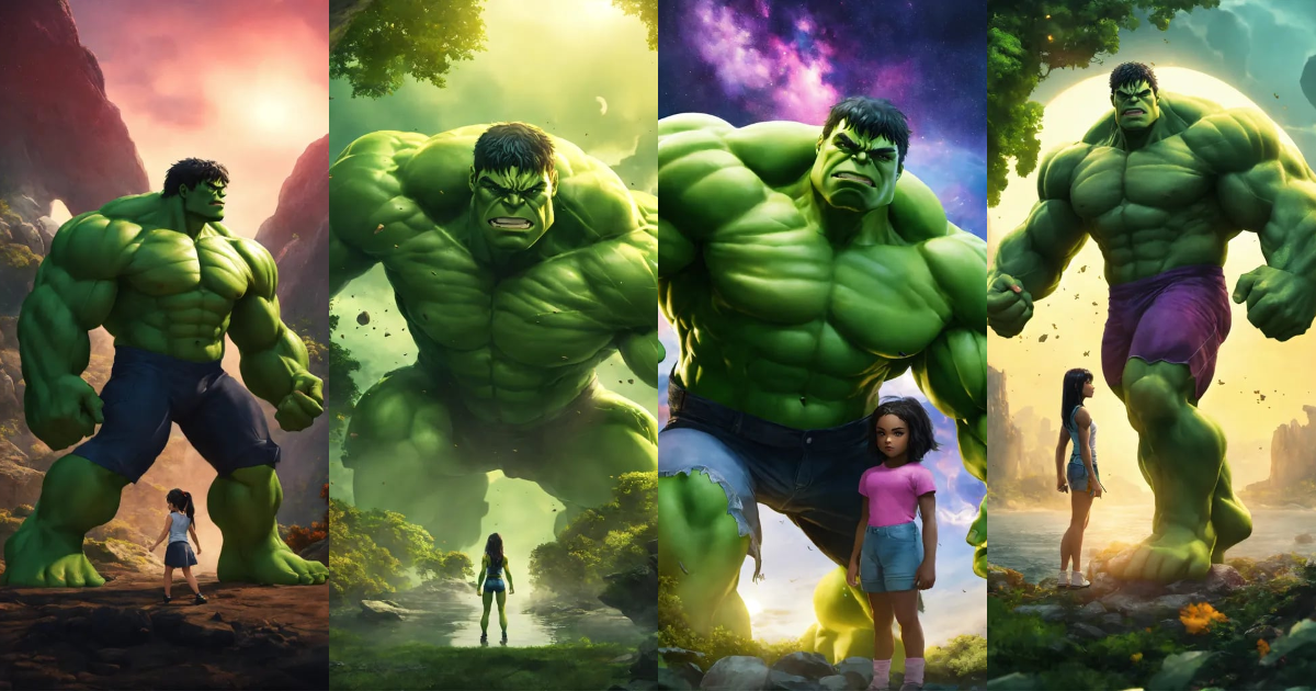 Lexica - Hulk meets Girl Hulk in the multiverse, nature background, 2D ...