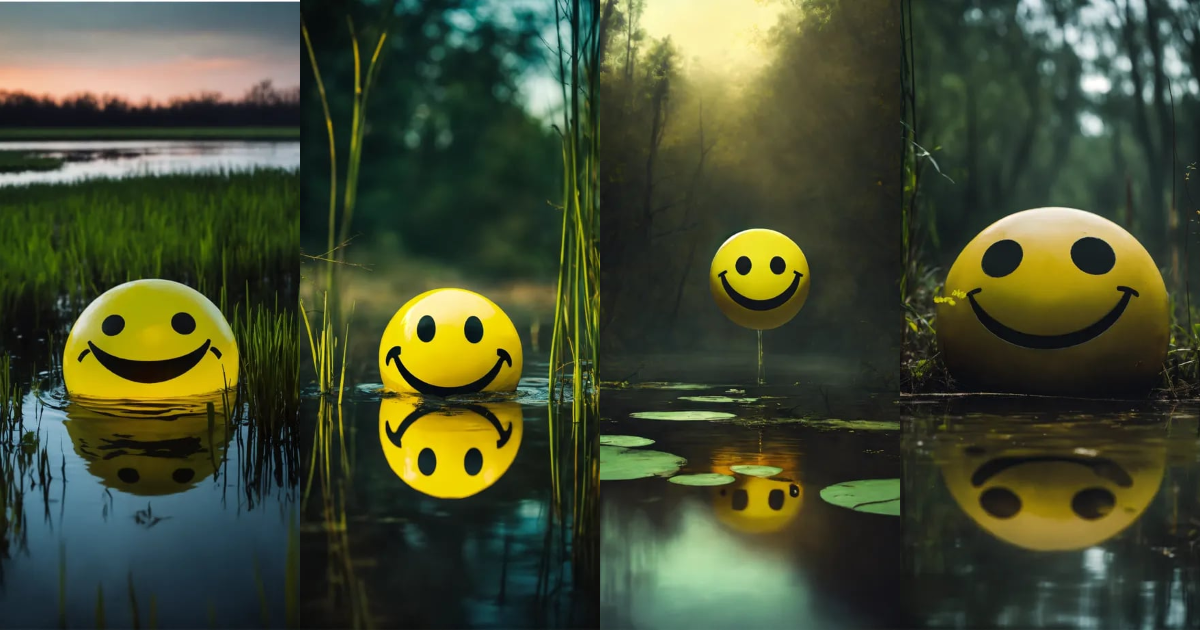 Lexica - Floating creepy smiley face in swamp dark estetic