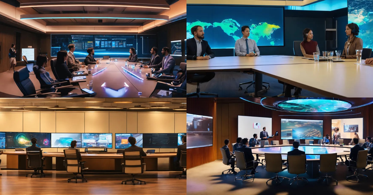 Lexica - A virtual boardroom with holographic AI employees sitting at ...