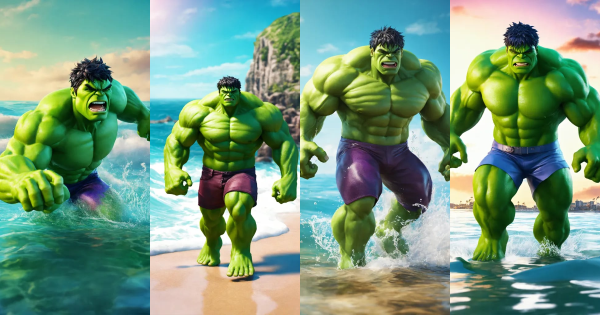 Lexica - Hulk swimming on the seaside full-body, colorful background ...