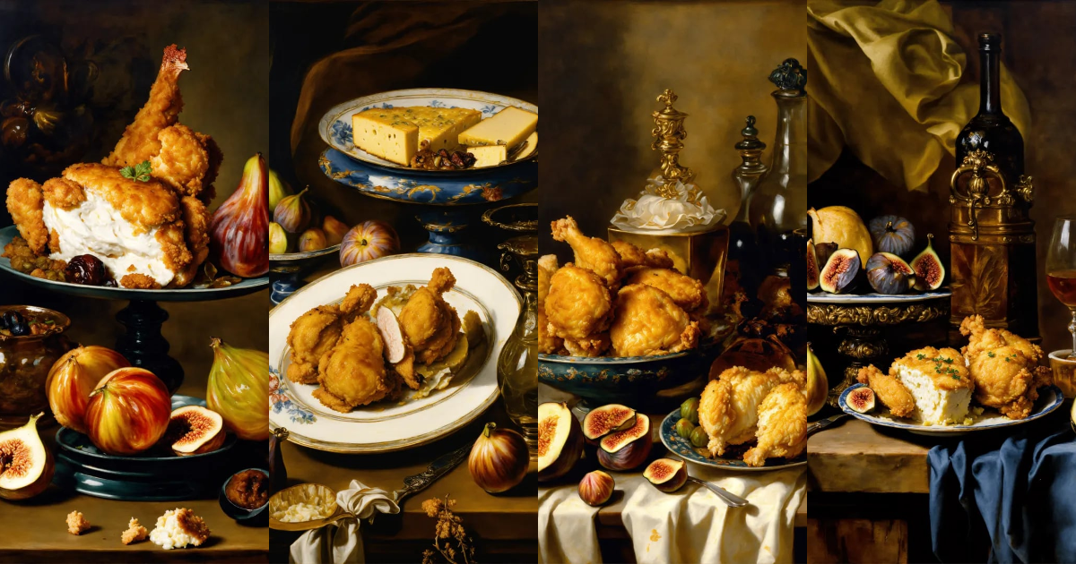 Lexica - Still life with fried chicken, cheeses and figs by Peter Paul ...