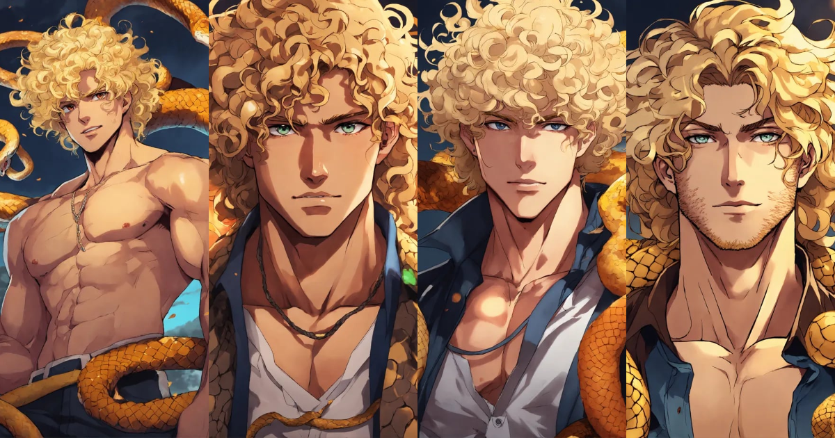 Lexica - Blonde curly hair man ripped anime style with snake powers