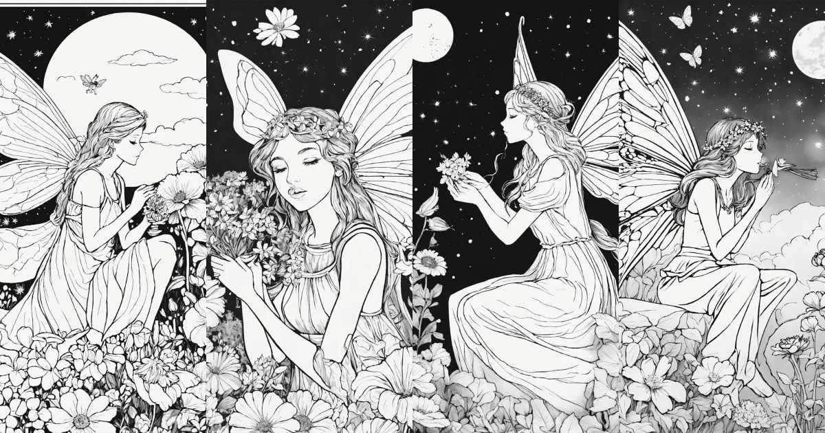 Lexica - A black and white coloring page of a fairy smelling a flower ...