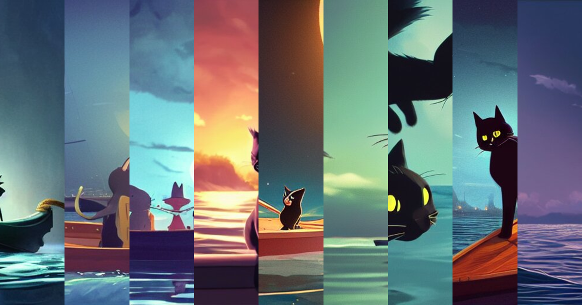 Lexica - A wholesome animation key shot of a black cat sailing a boat ...