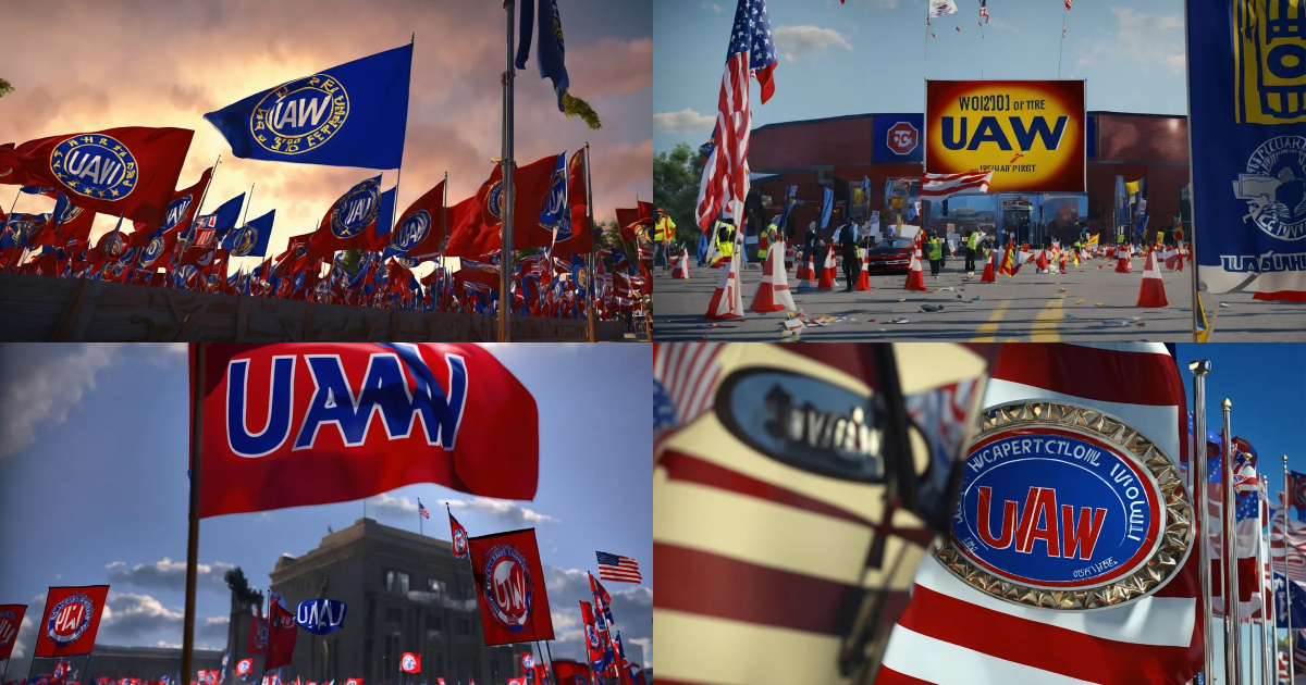 Lexica - Uaw protest, 3d render, cinematic, oil paint, uaw signs, uaw flags