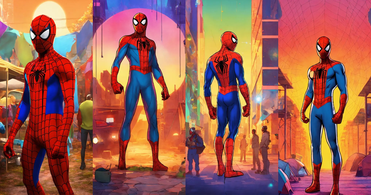 Lexica - Spiderman Multiverse, colorful background, 2D render, standing ...