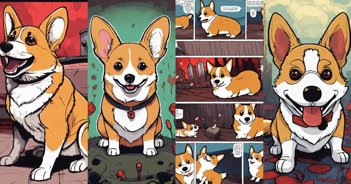Lexica - Murderous evil corgi comic style
