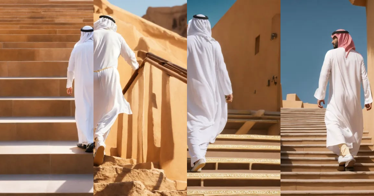 Lexica - Saudi man climbing up steps, looking right, side way, moving ...