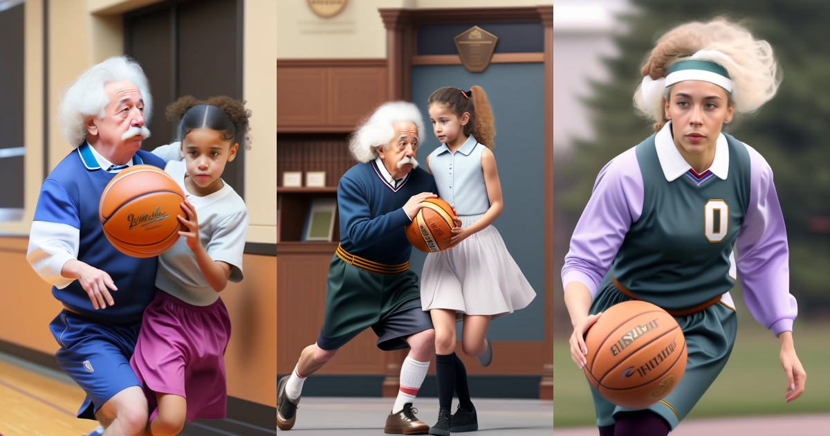 Lexica - Einstein playing basketball in school with Nicole Tesla ...