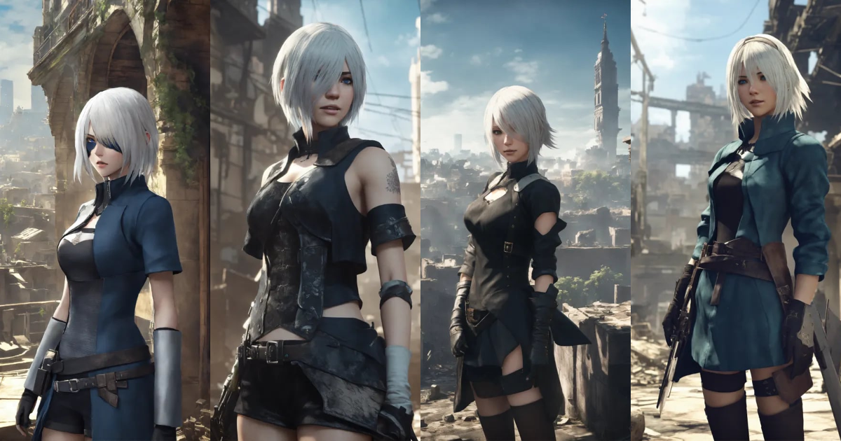 Lexica - Render of nier automata A2 long white hair, blue eyes, in city ...