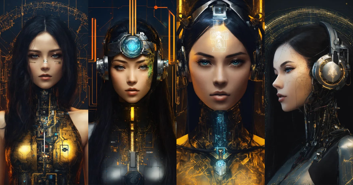 Lexica - Neo Sapien clothing line logo, Close up of a Cyborg woman ...