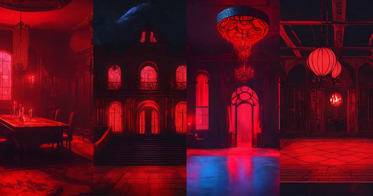 Lexica - A dark modern vampire manor hall with red siftedneons