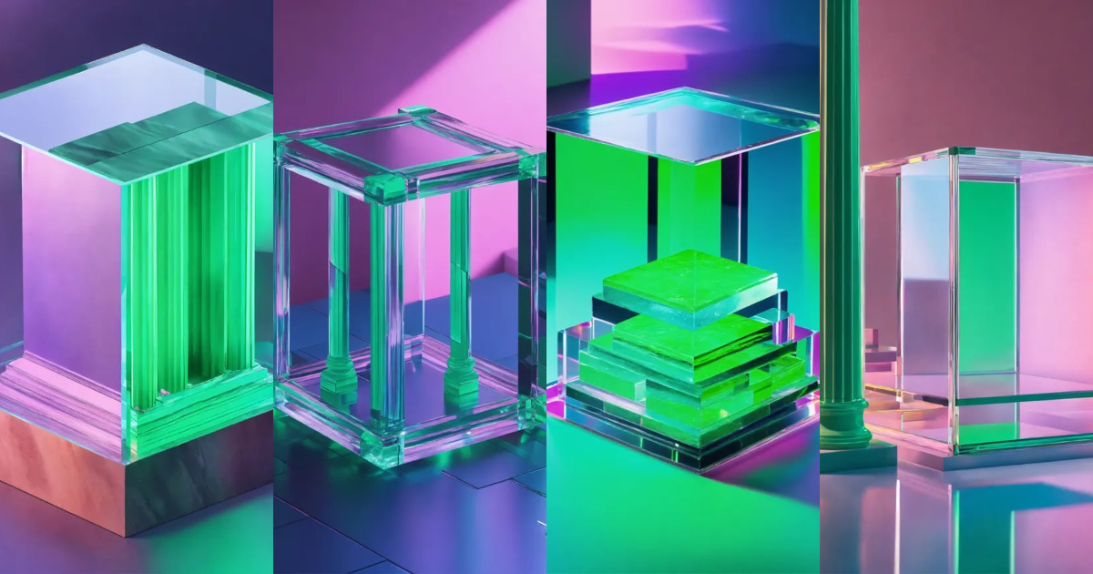 Lexica - Isometric Clear glass cube, Stacked marble roman columns ...