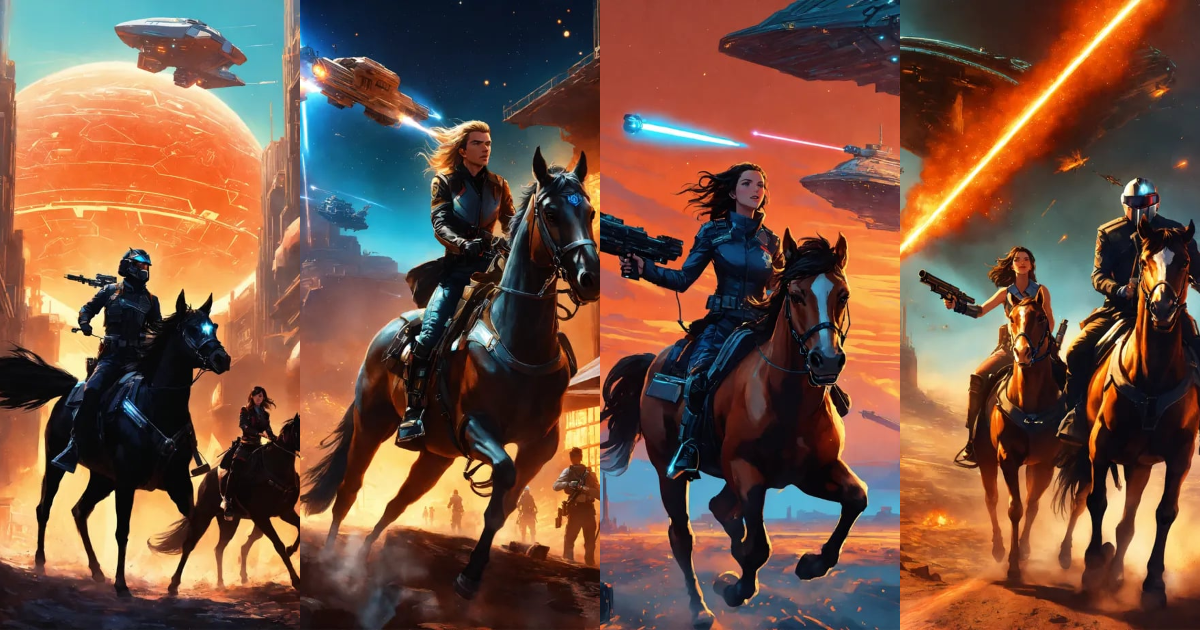 Lexica - Two outlaws, a man and woman, ride on horseback through the ...