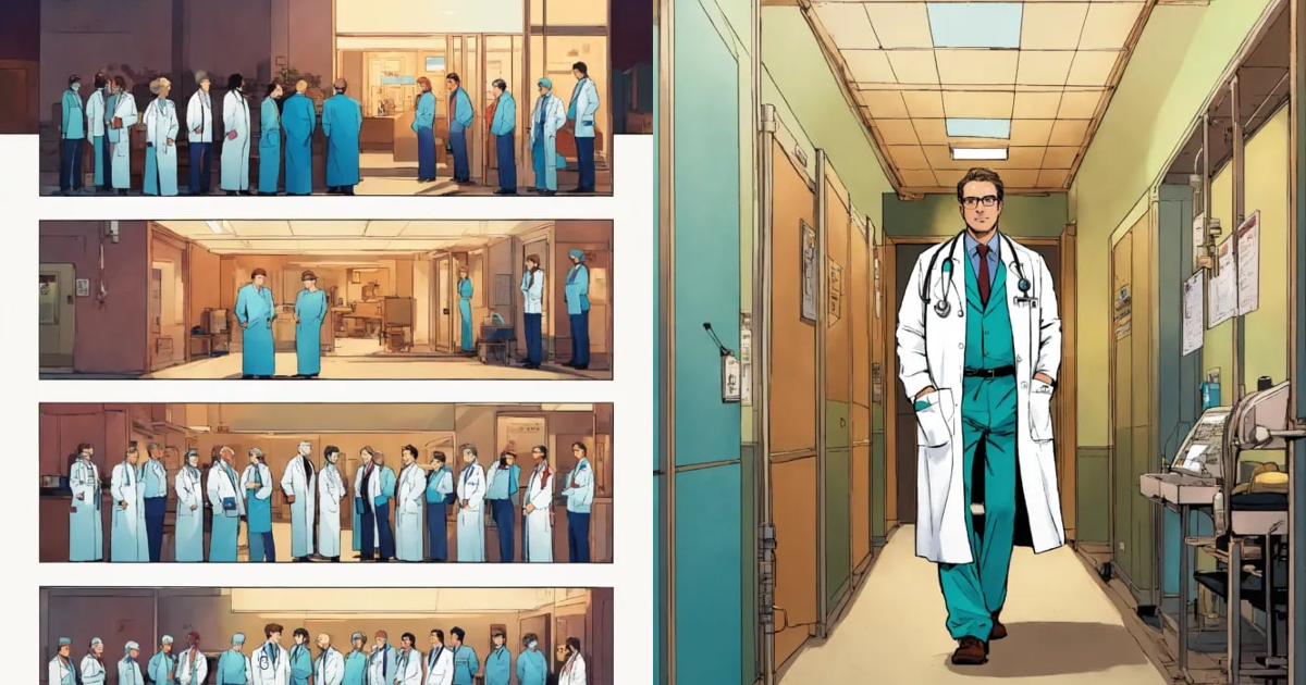 Lexica - Comic A line of doctors on the left and on the right waiting ...