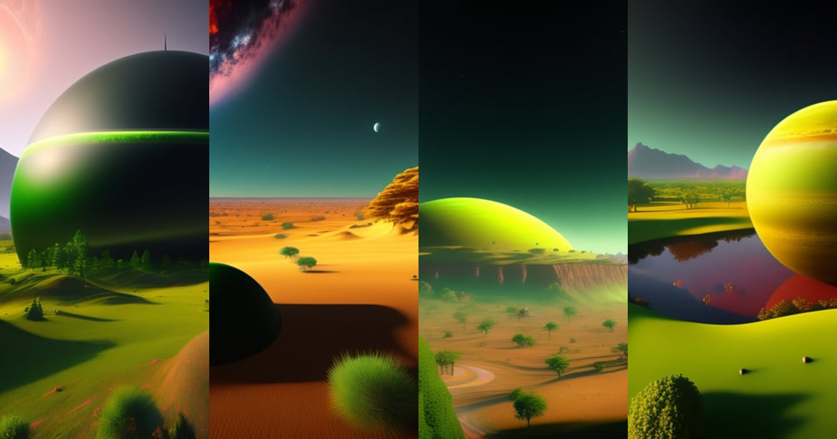 Lexica - Ground view of a lush green exoplanet that has a dyno sphere ...