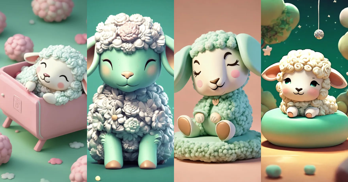 Lexica - Cute sleep sheep chibi cartone style , 3d, mint tone,unity
