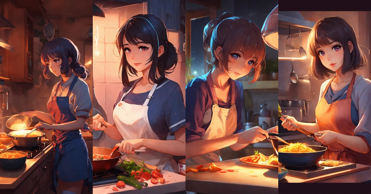 Lexica - A cute anime lofi girl cooking dinner at home during the night ...