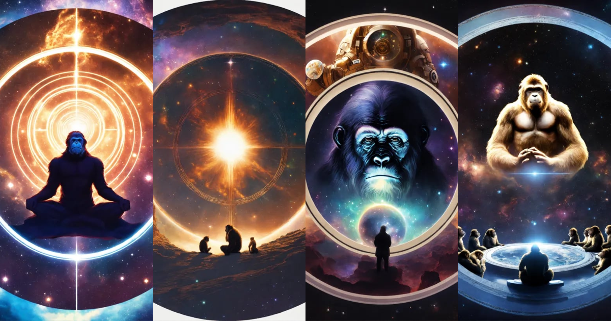 Lexica - Apes praying to a human god in space, in circle image ...
